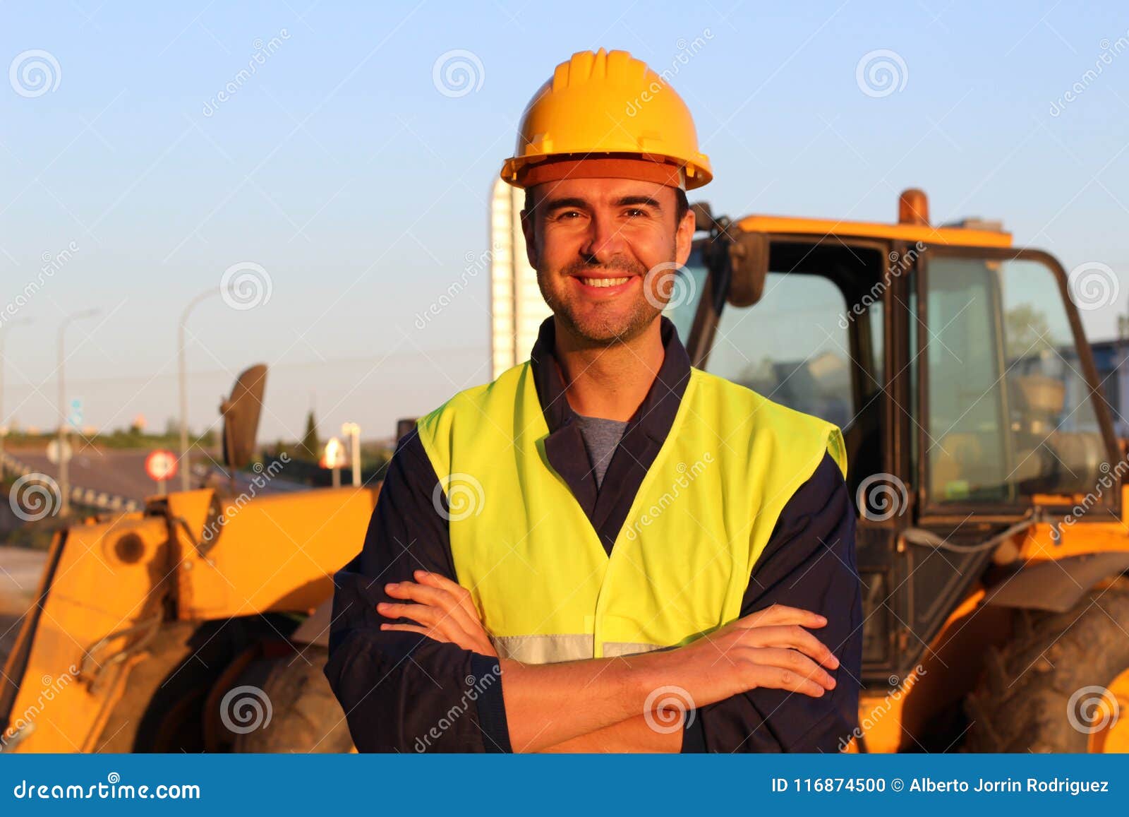 Happy Construction Worker Close Up Stock Photo - Image of crossed ...