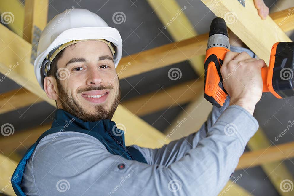 Happy Construction Worker on Duty Stock Photo - Image of garden ...