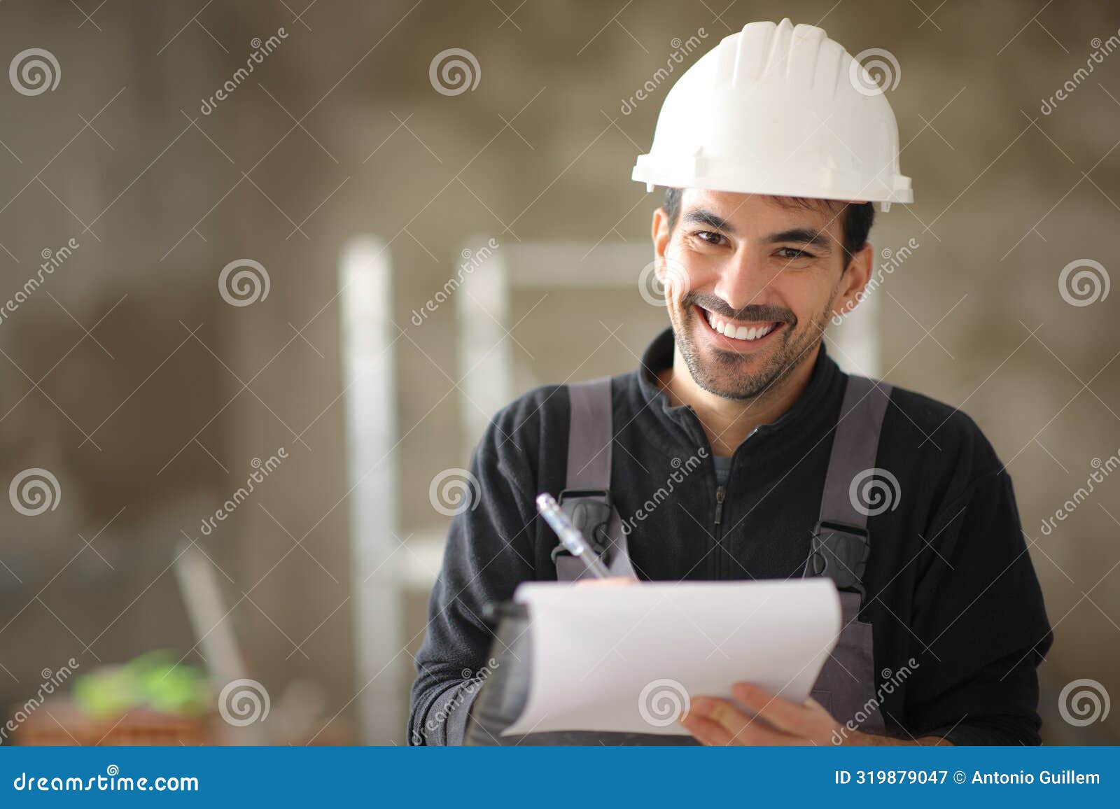 Happy Construction Worker Holding Clipboard Looking at You Stock Image ...