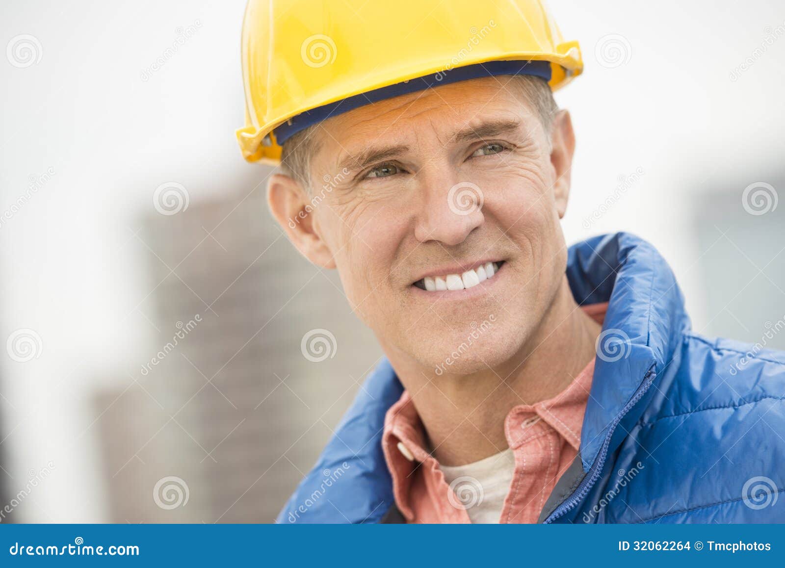 Happy Construction Worker Looking Away Stock Photo - Image of closeup ...