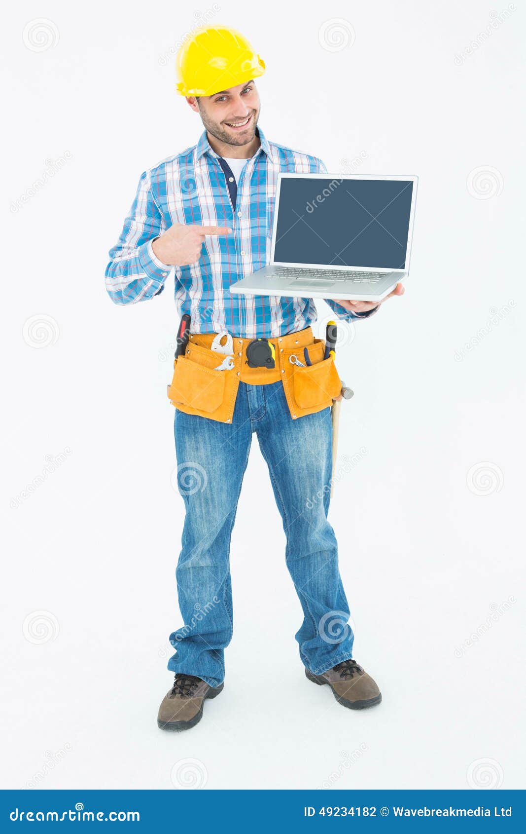 Happy Construction Worker Pointing at Laptop Stock Photo - Image of ...