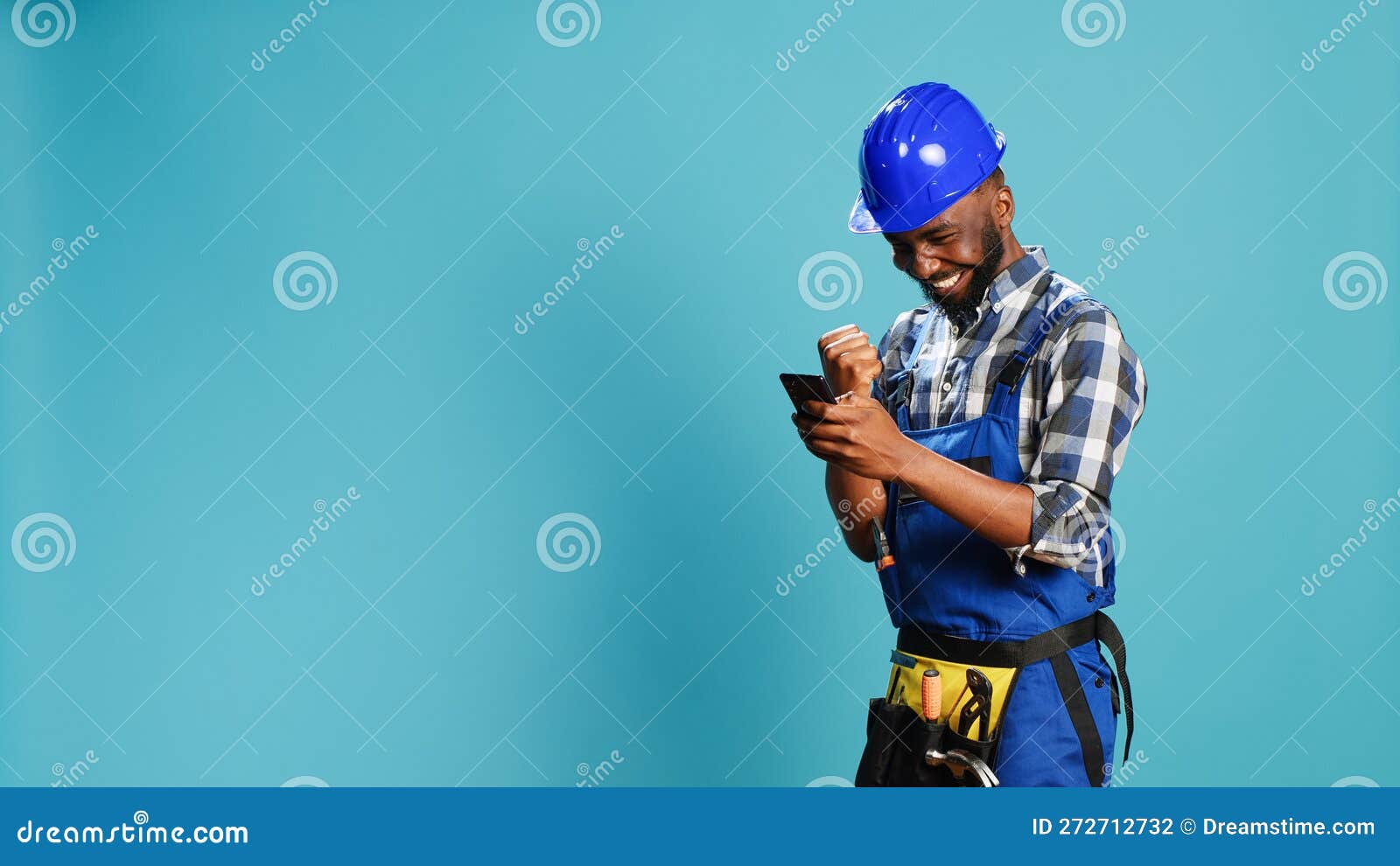 Happy Construction Worker Using Smartphone on Camera Stock Photo ...