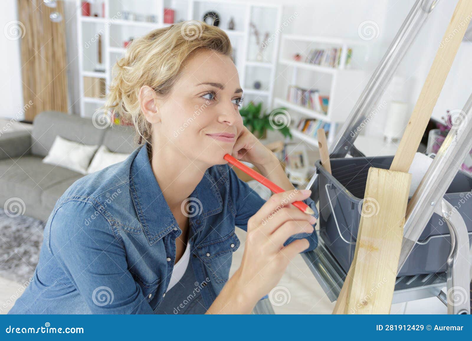 Happy Contemplative Woman Interior Designer Stock Image - Image of ...