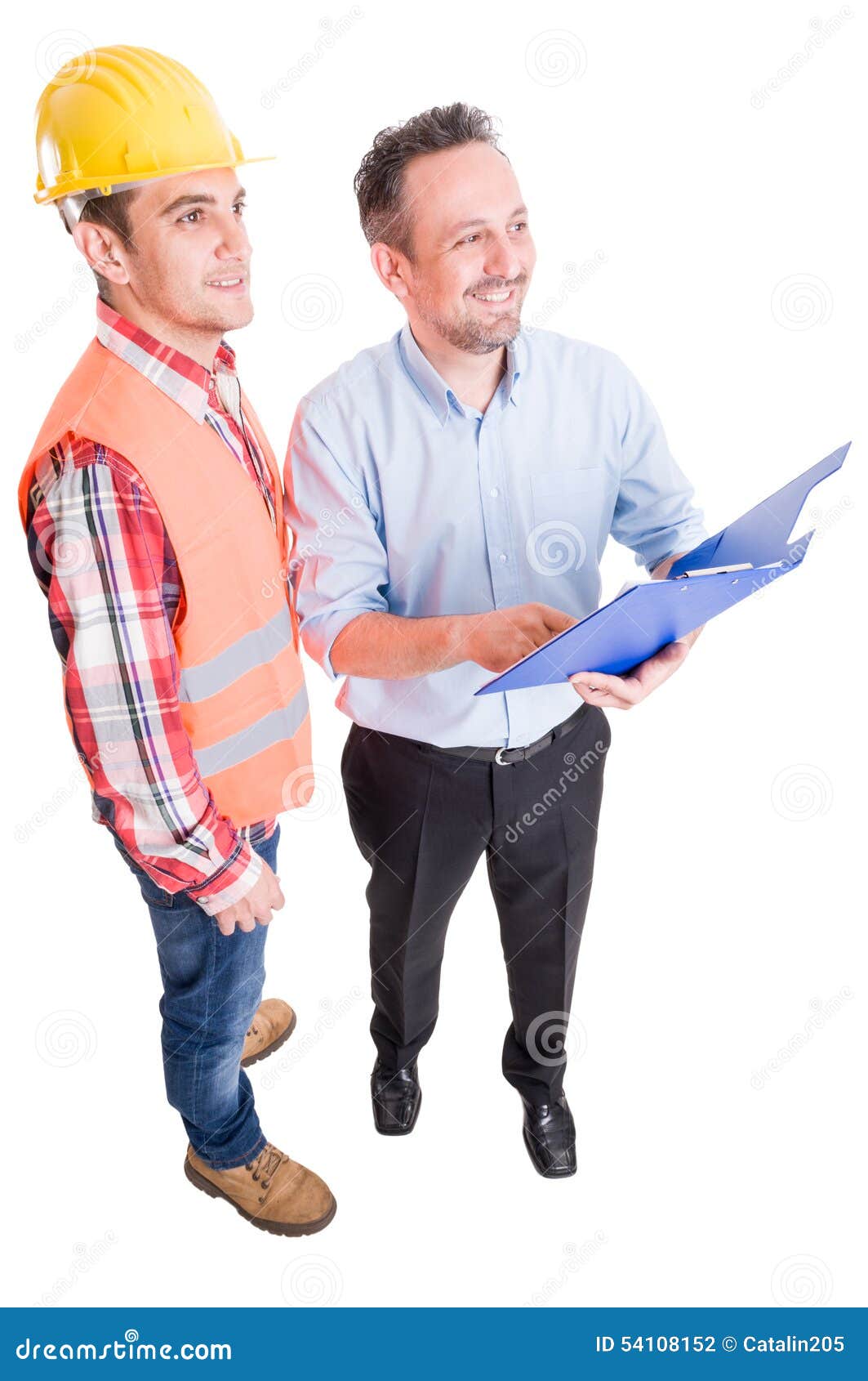 Happy Contractor and Construction Worker Stock Photo - Image of reading ...