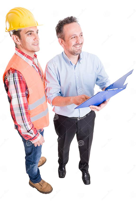 Happy Contractor and Construction Worker Stock Photo - Image of reading ...