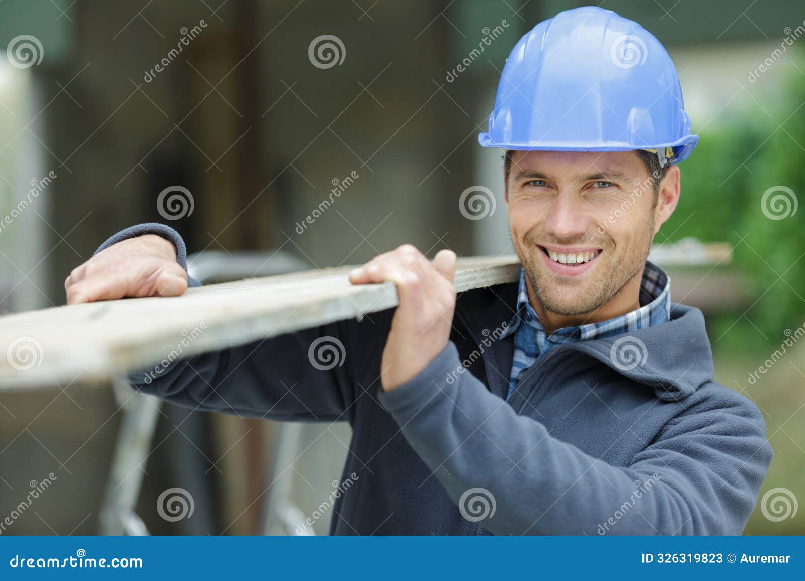 Happy Contractor in Hard Hat Holding Plank Wood Stock Image - Image of ...