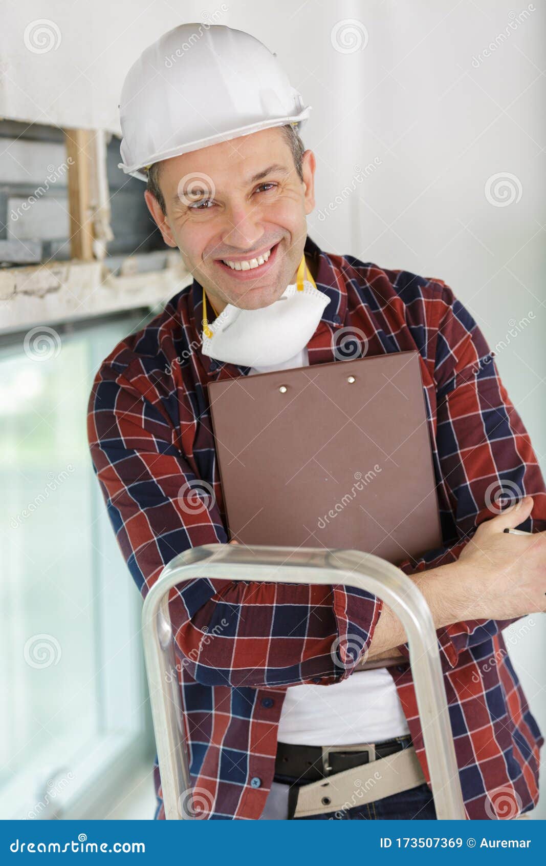Happy Contractor Next To Plaster Wall Stock Image - Image of renewal ...