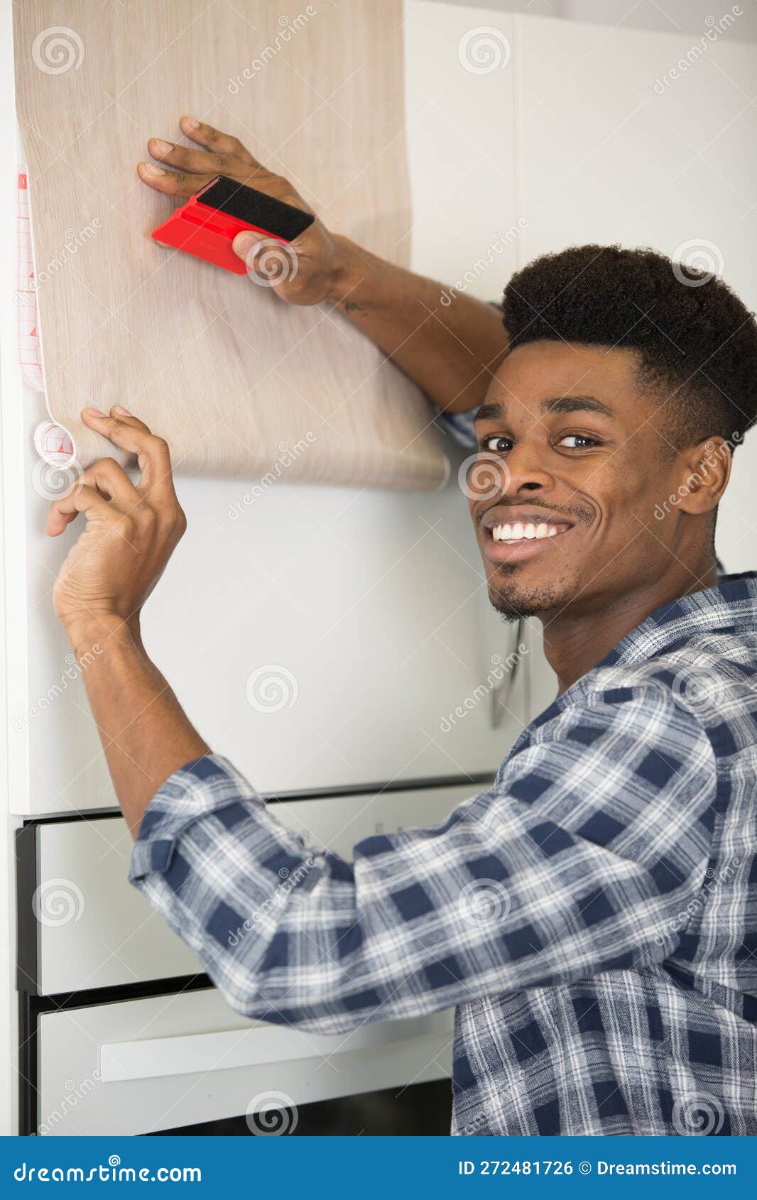 Happy Contractor Worker Preparing for Wallpaper Decoration Stock Photo ...