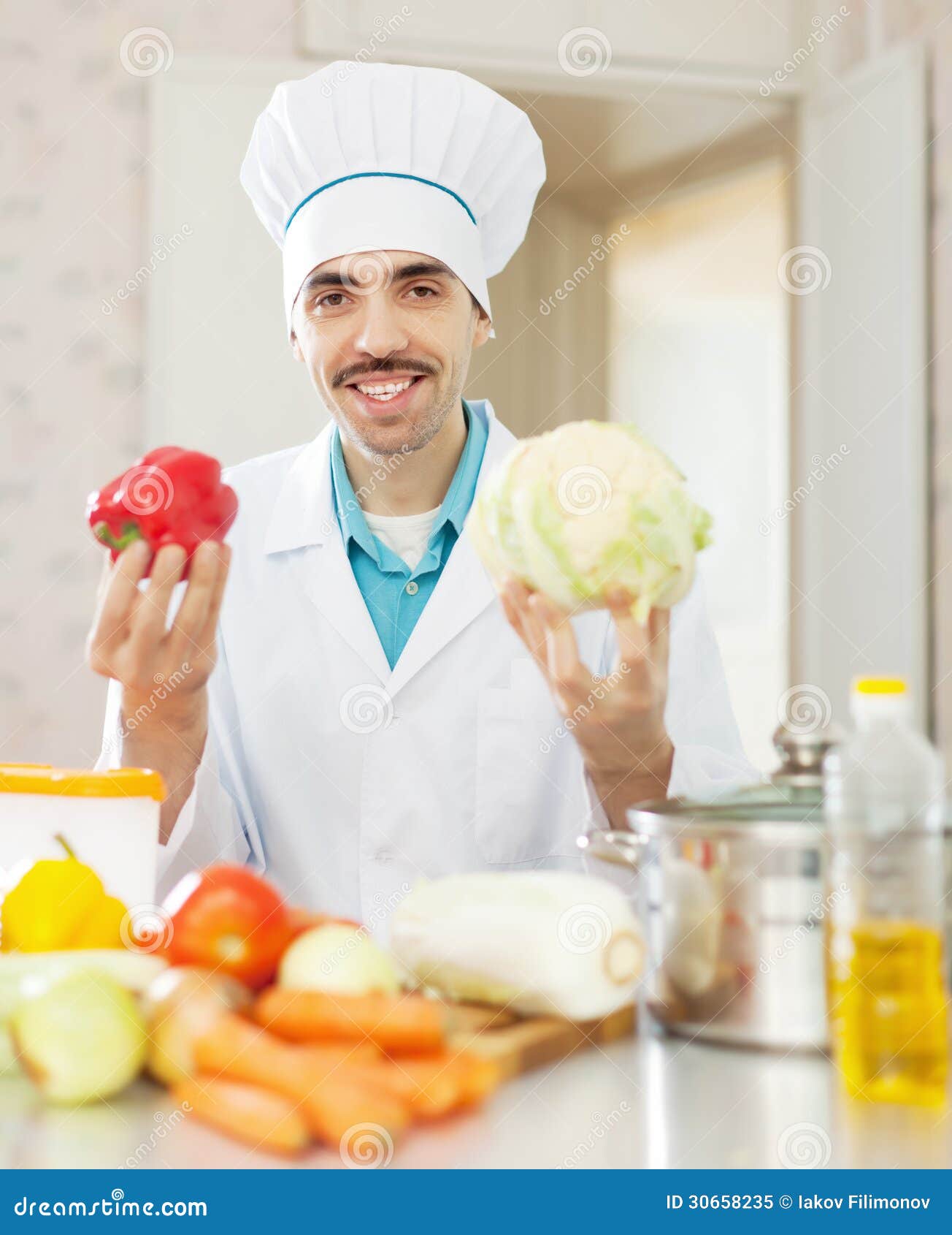 Happy Cook Man in Toque with Vegetables Stock Image - Image of ...
