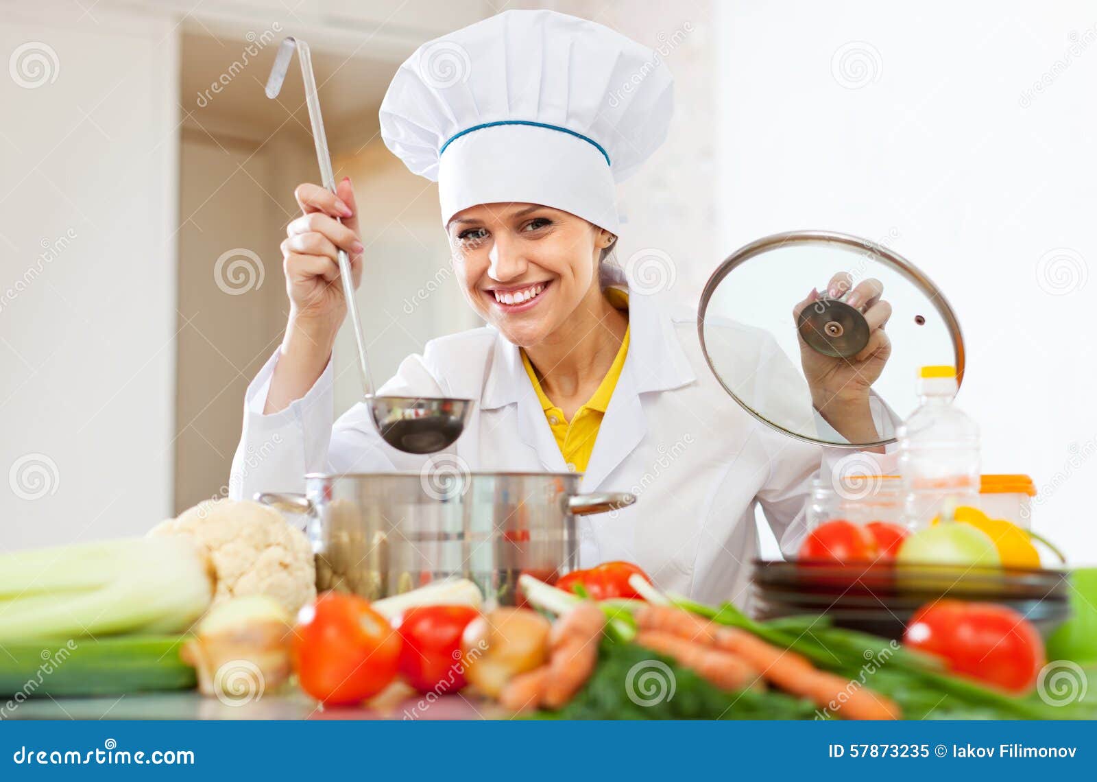 Happy Cook Works with Ladle Stock Image - Image of soup, prepares: 57873235