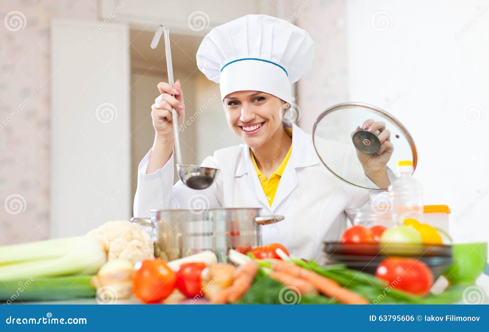 Happy Cook Works with Ladle Stock Photo - Image of sauce, eats: 63795606