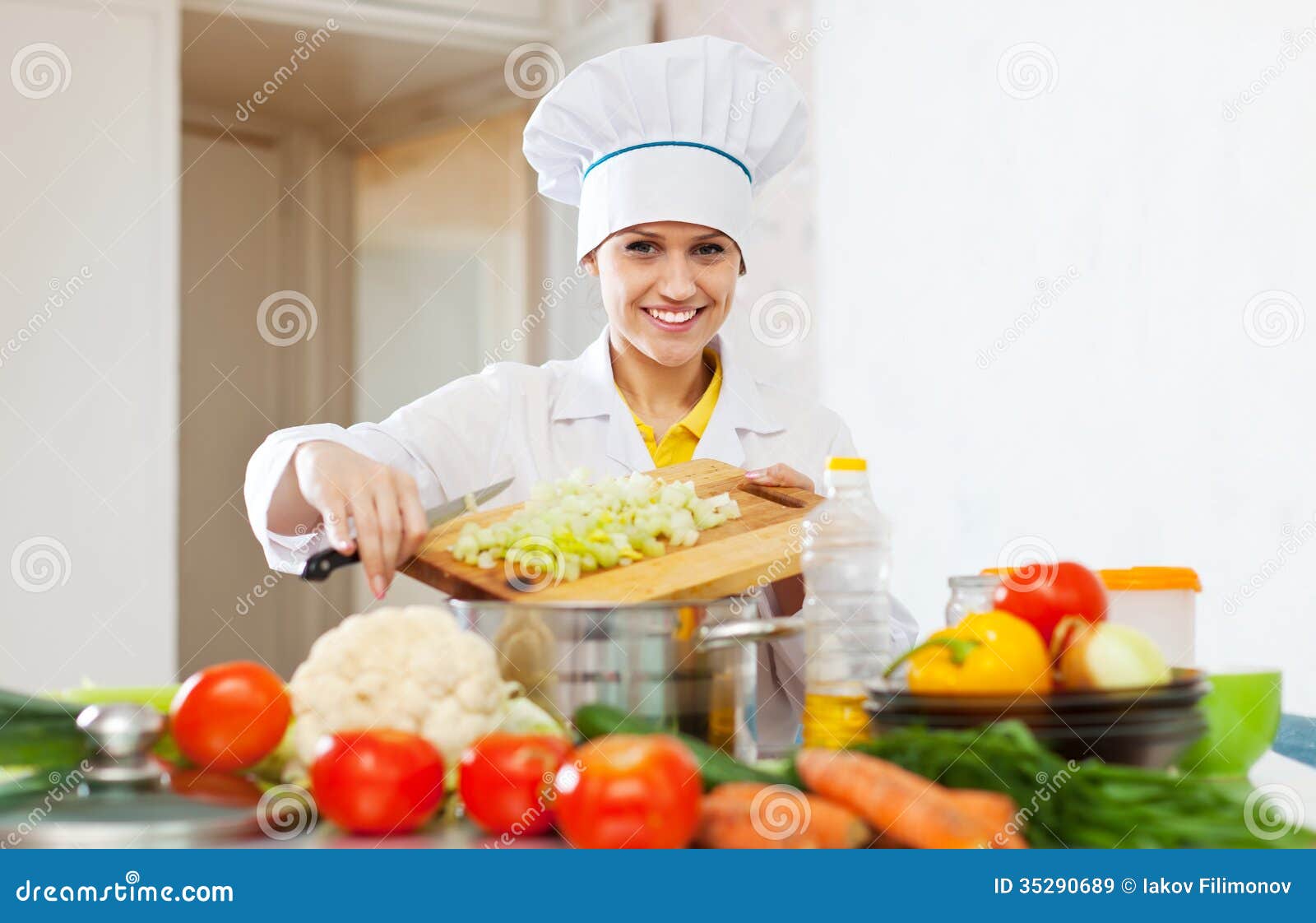 Happy Cook Works with Vegetables Stock Image - Image of food, female ...