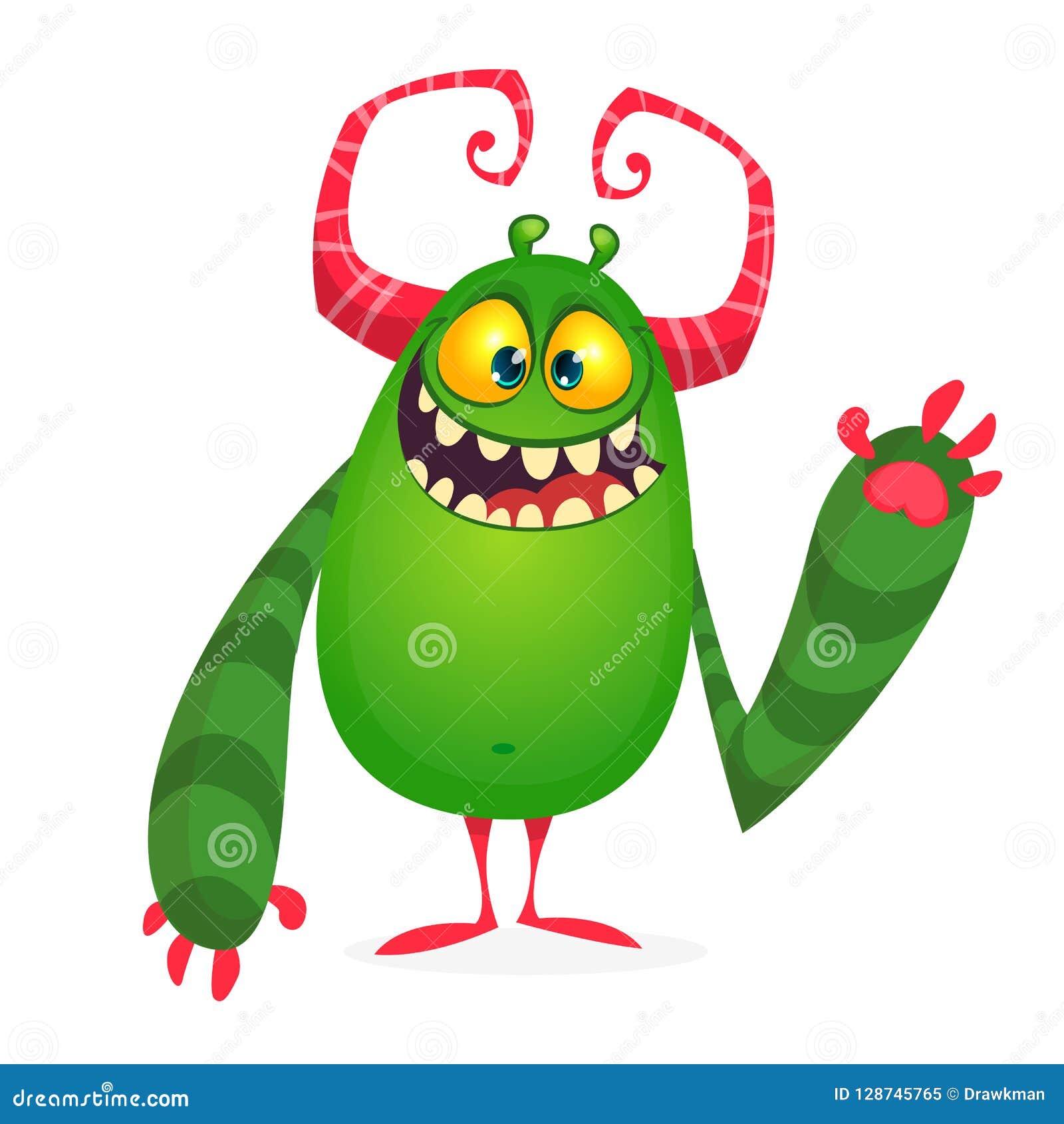 Happy Cool Cartoon Fat Monster. Horned Vector Monster Character Stock ...