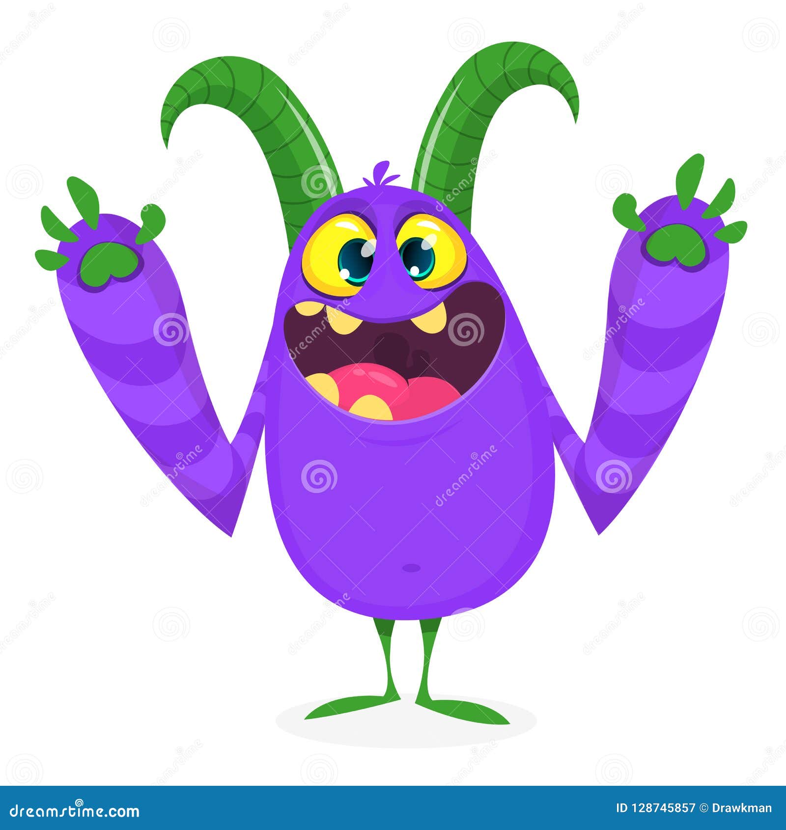 Happy Cool Cartoon Fat Monster. Horned Vector Monster Character. Stock ...