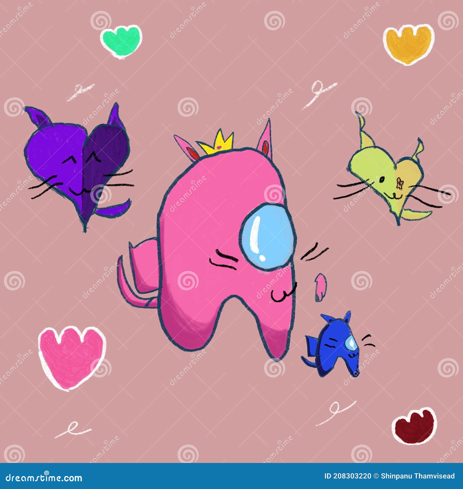 Happy Cool Cartoon Pink Cat Monster. Pink Vector Monster Character ...