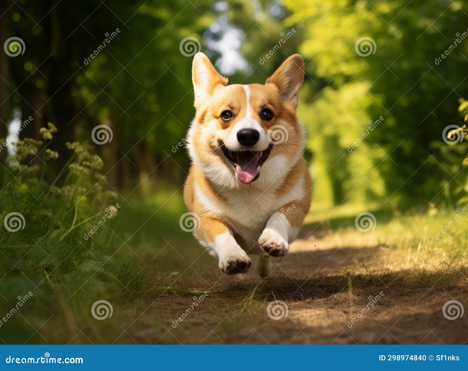 Happy Corgi Running Towards the Camera on a Dirt Path in a Park. Stock ...