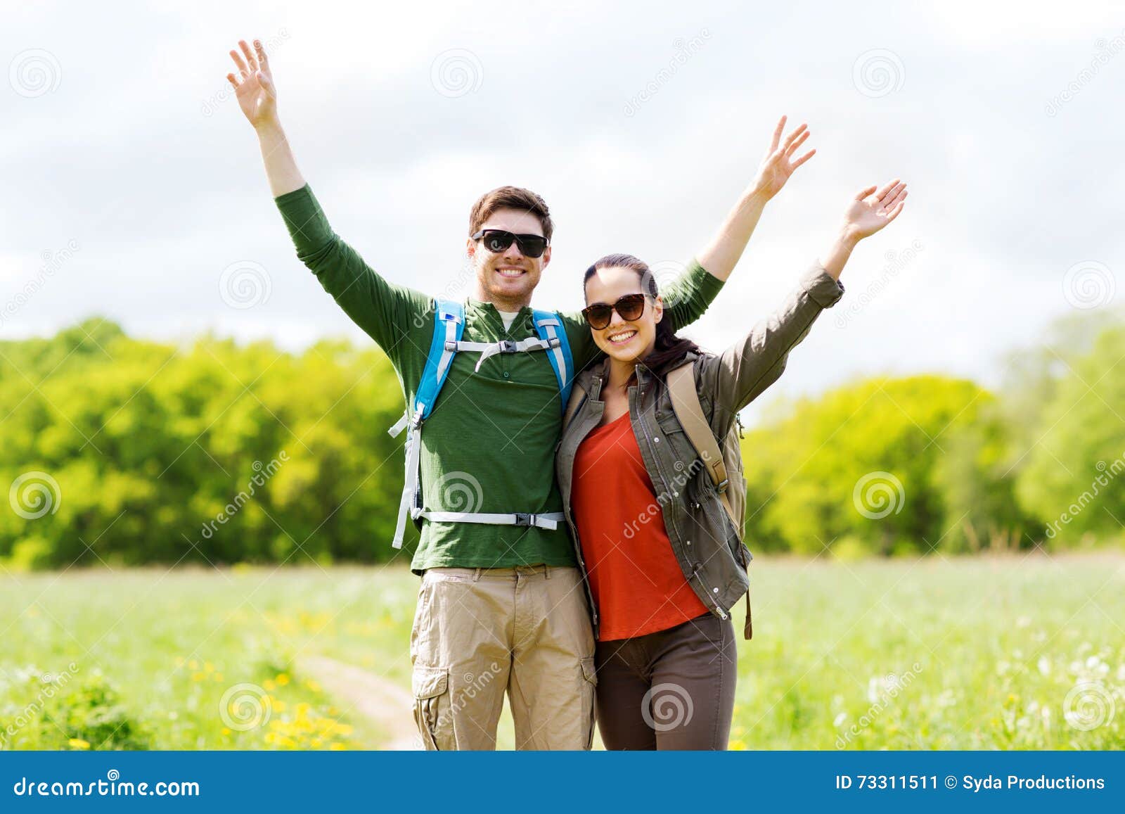 Happy Couple With Backpacks Hiking Outdoors Stock Image Image Of