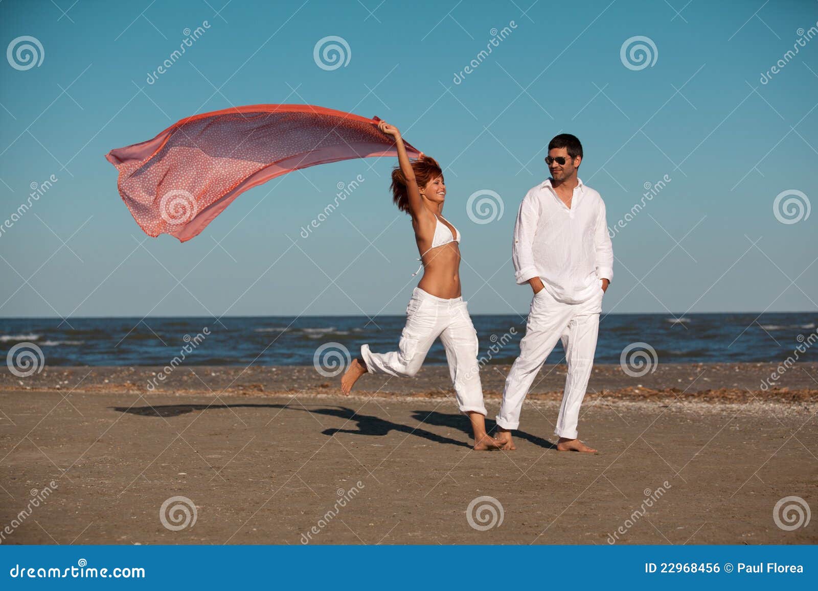 Happy Couple on the Beach Scarf Wind Stock Photo - Image of fresh, copy ...