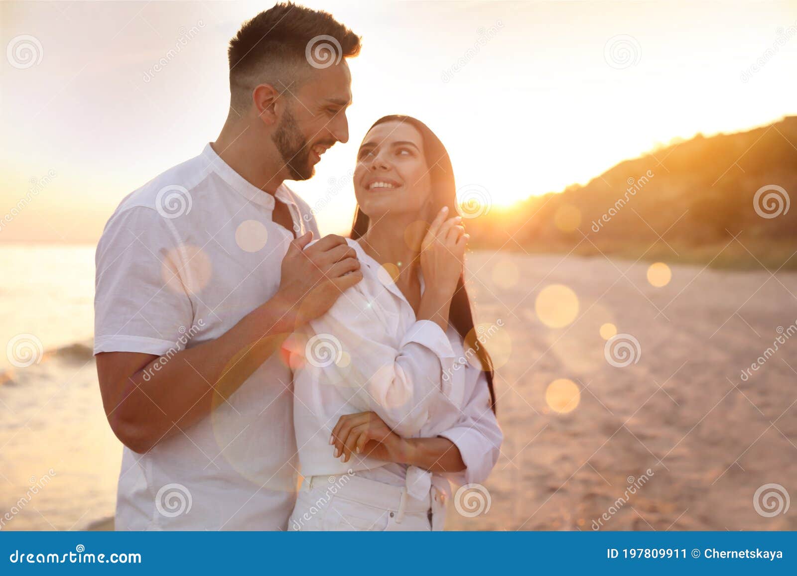 Happy Young Couple on Beach at Sunset Stock Image - Image of holiday ...