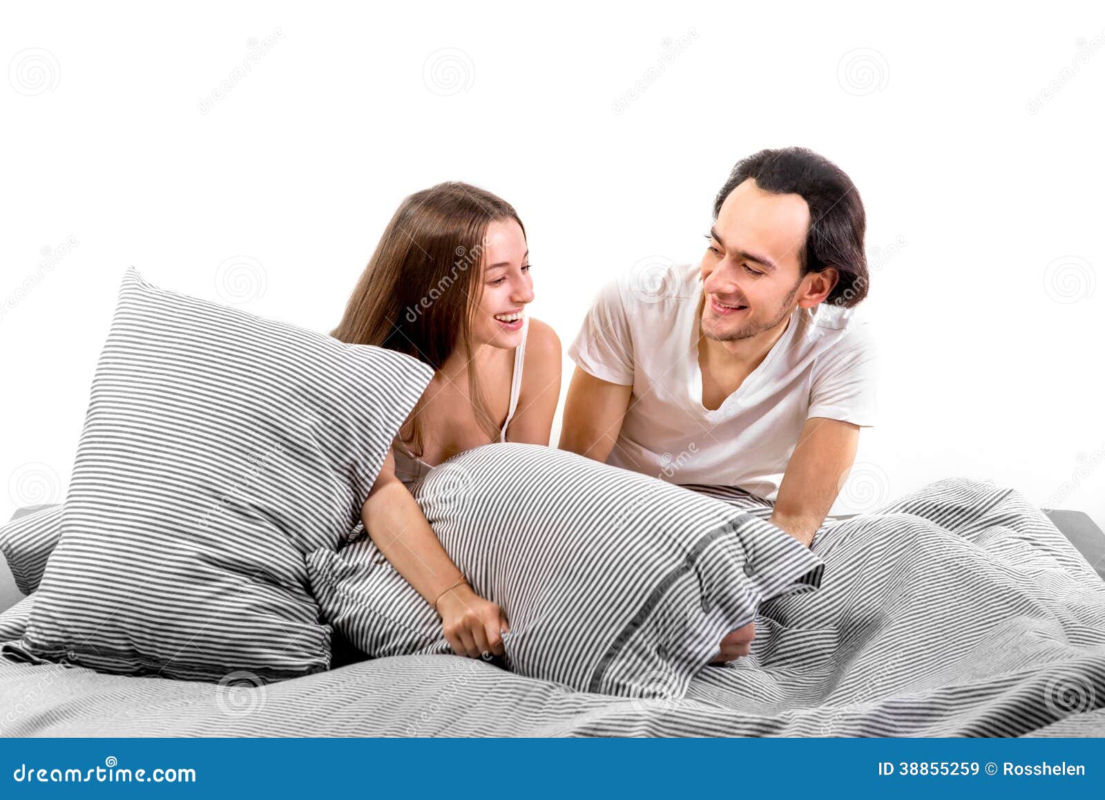 Happy Couple in Bed Smiling and Flirting Stock Image - Image of ...