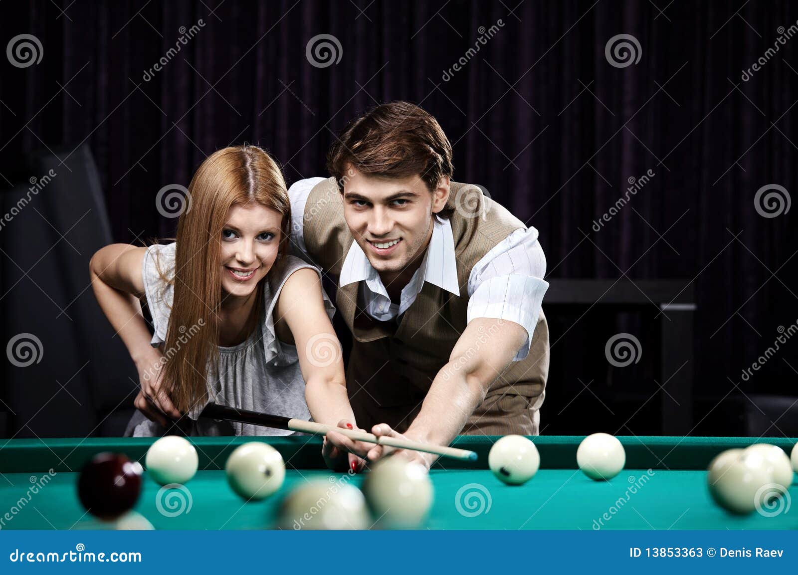 Happy Couple in a Billiard Room Stock Image - Image of concentration ...