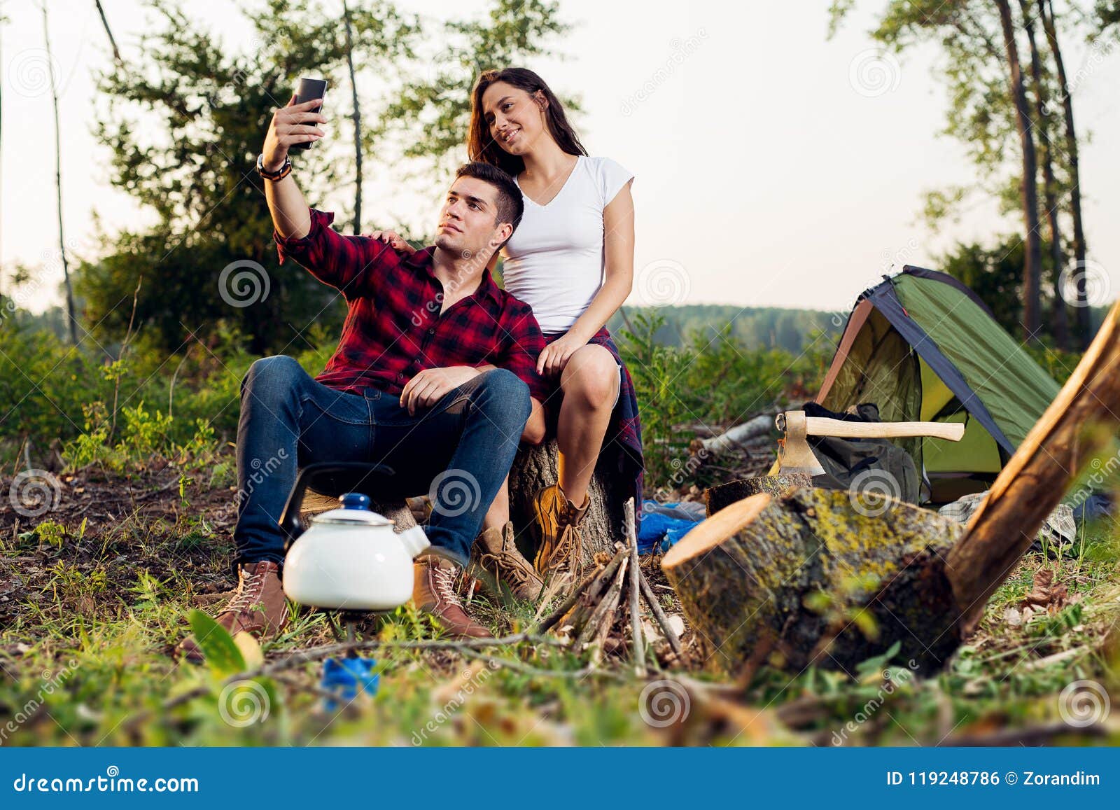 Happy Couple on Camping Having Fun Together Stock Photo - Image of ...