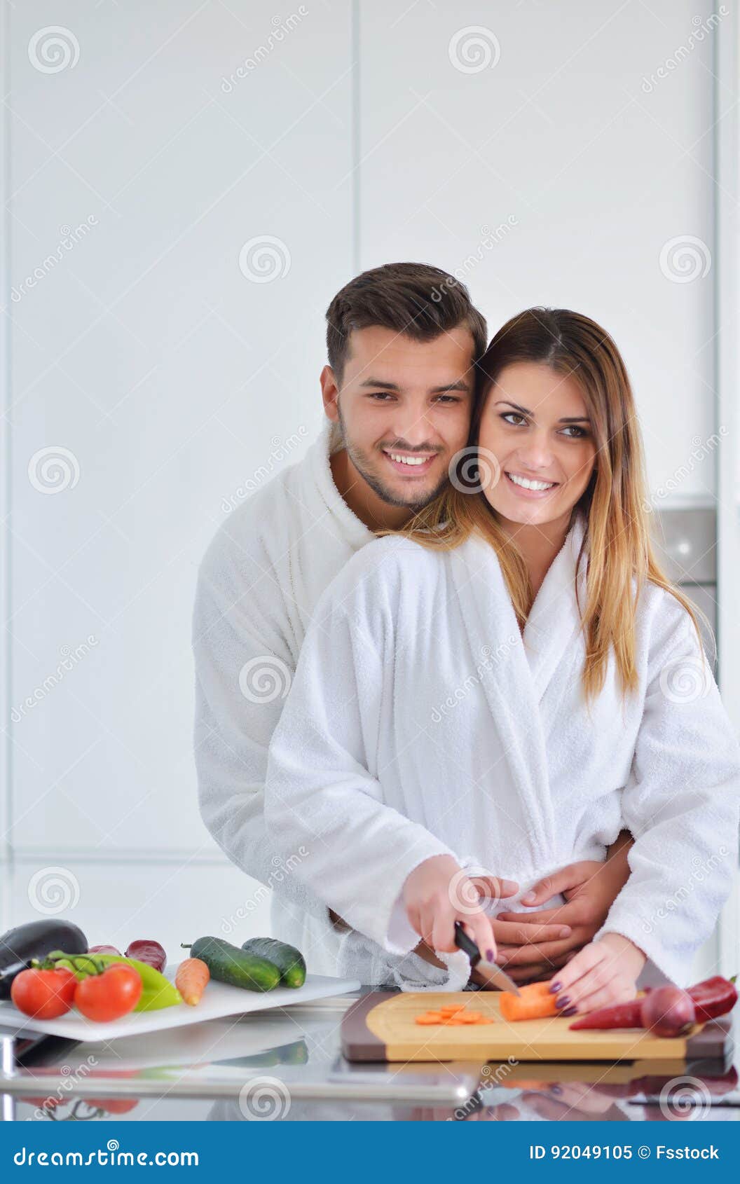 Happy Couple Cooking Breakfast Together in the Kitchen Stock Image ...