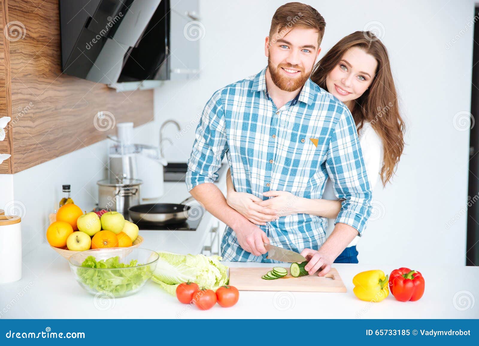 Happy Couple Cooking and Hugging on Kitchen Stock Image - Image of ...