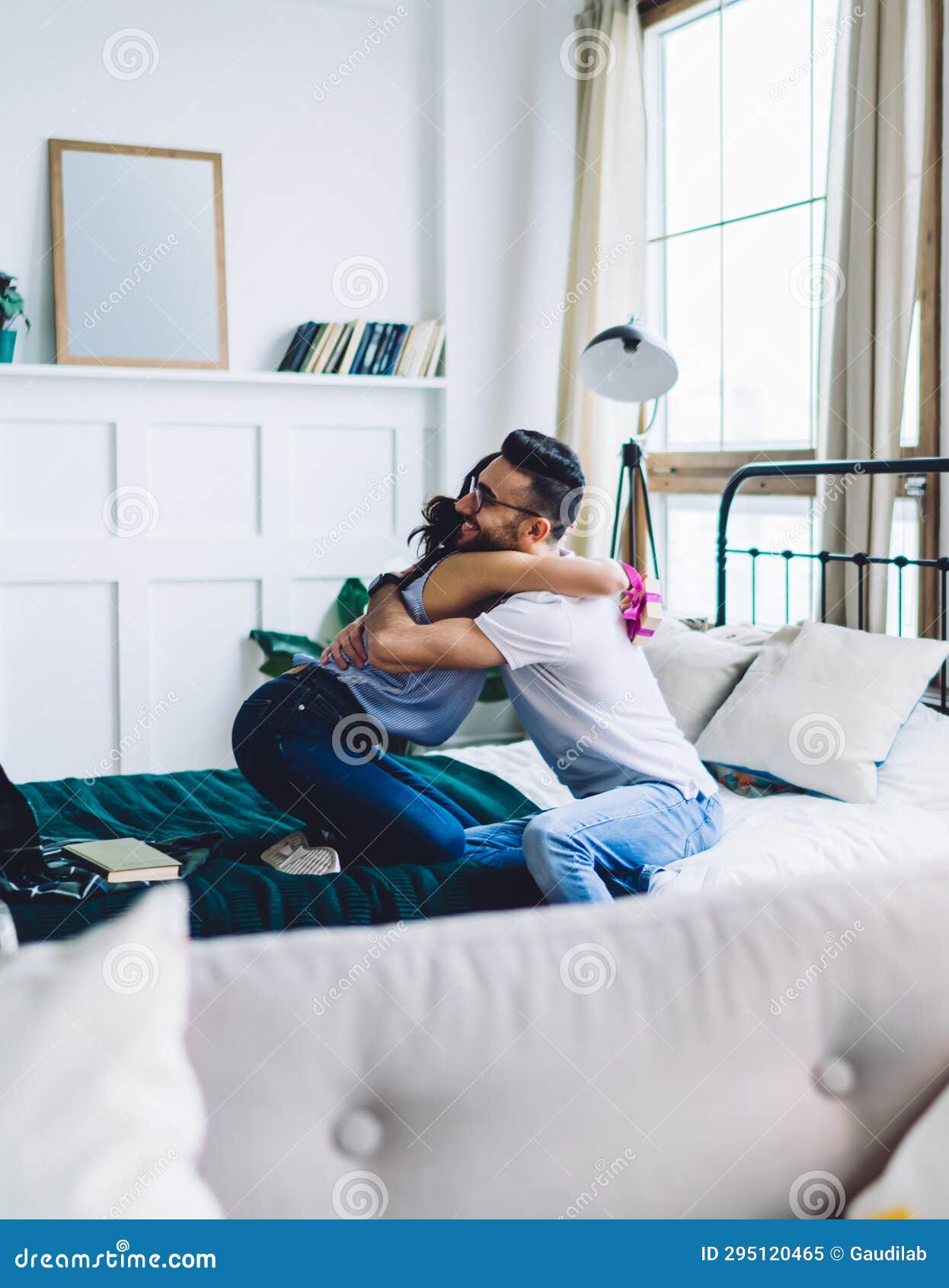 Happy Couple Cuddling in Bedroom Stock Image - Image of indoors ...
