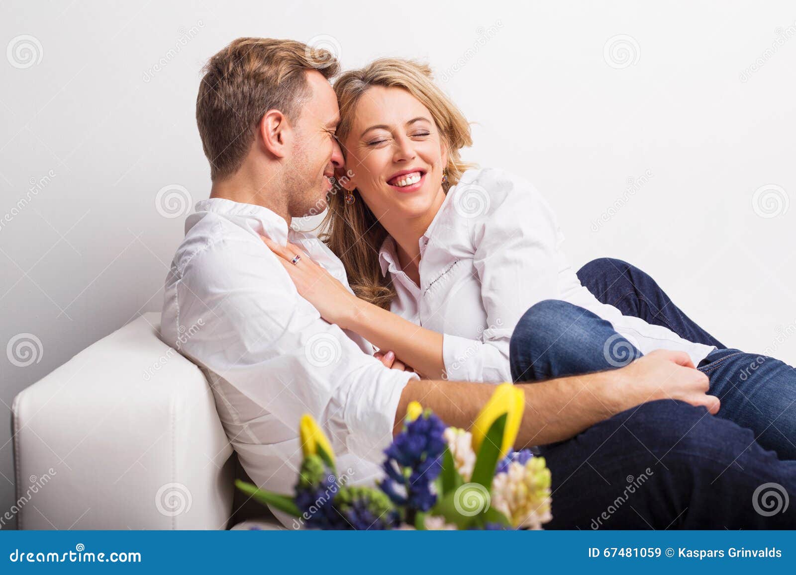 Happy Couple Cuddling on Couch Stock Image - Image of girlfriend, home ...