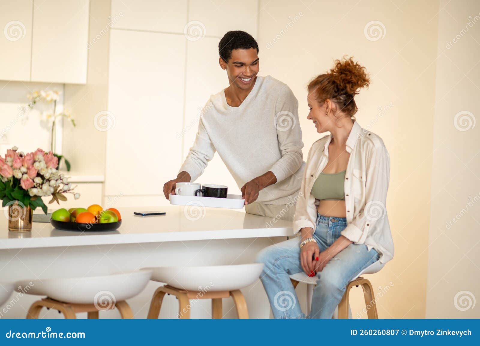 Cute Couple in the Kitchen Looking Happy Stock Image - Image of ...