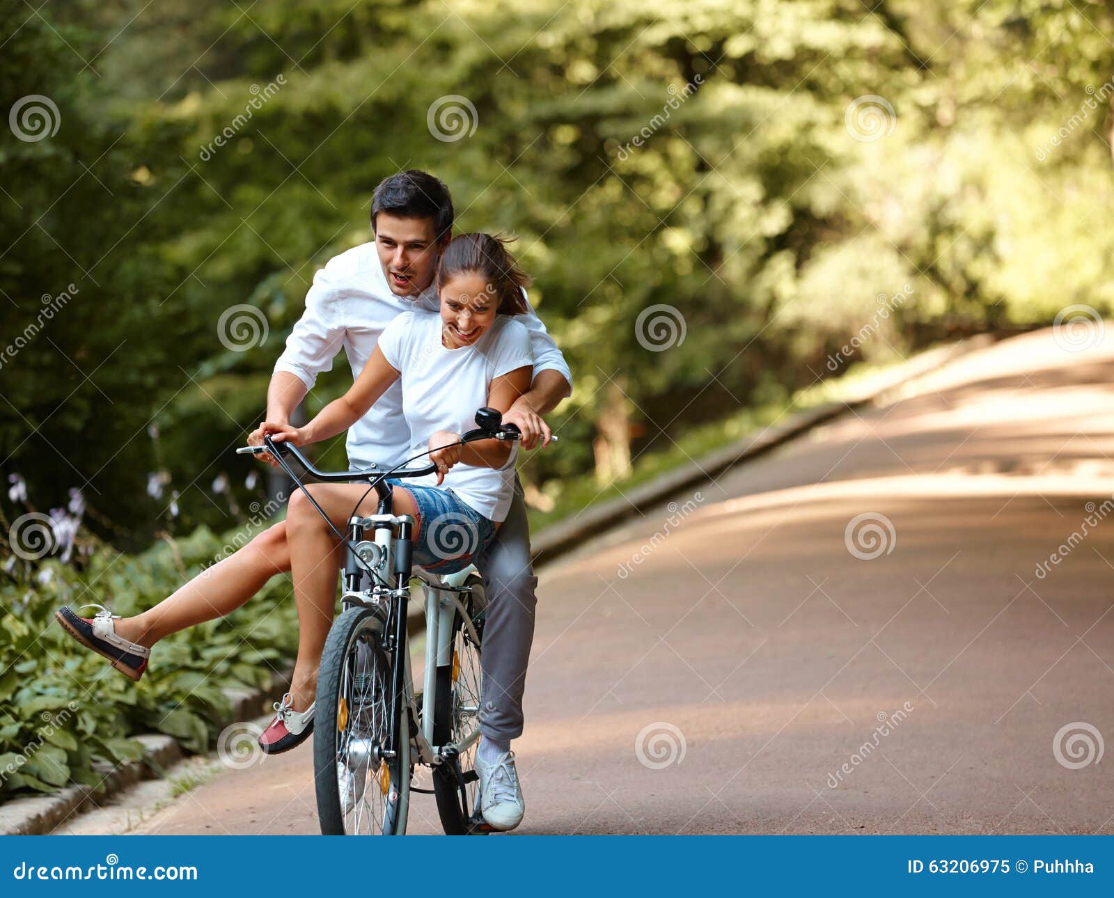 Happy Couple Cycling in the Summer Park Stock Image - Image of adult ...