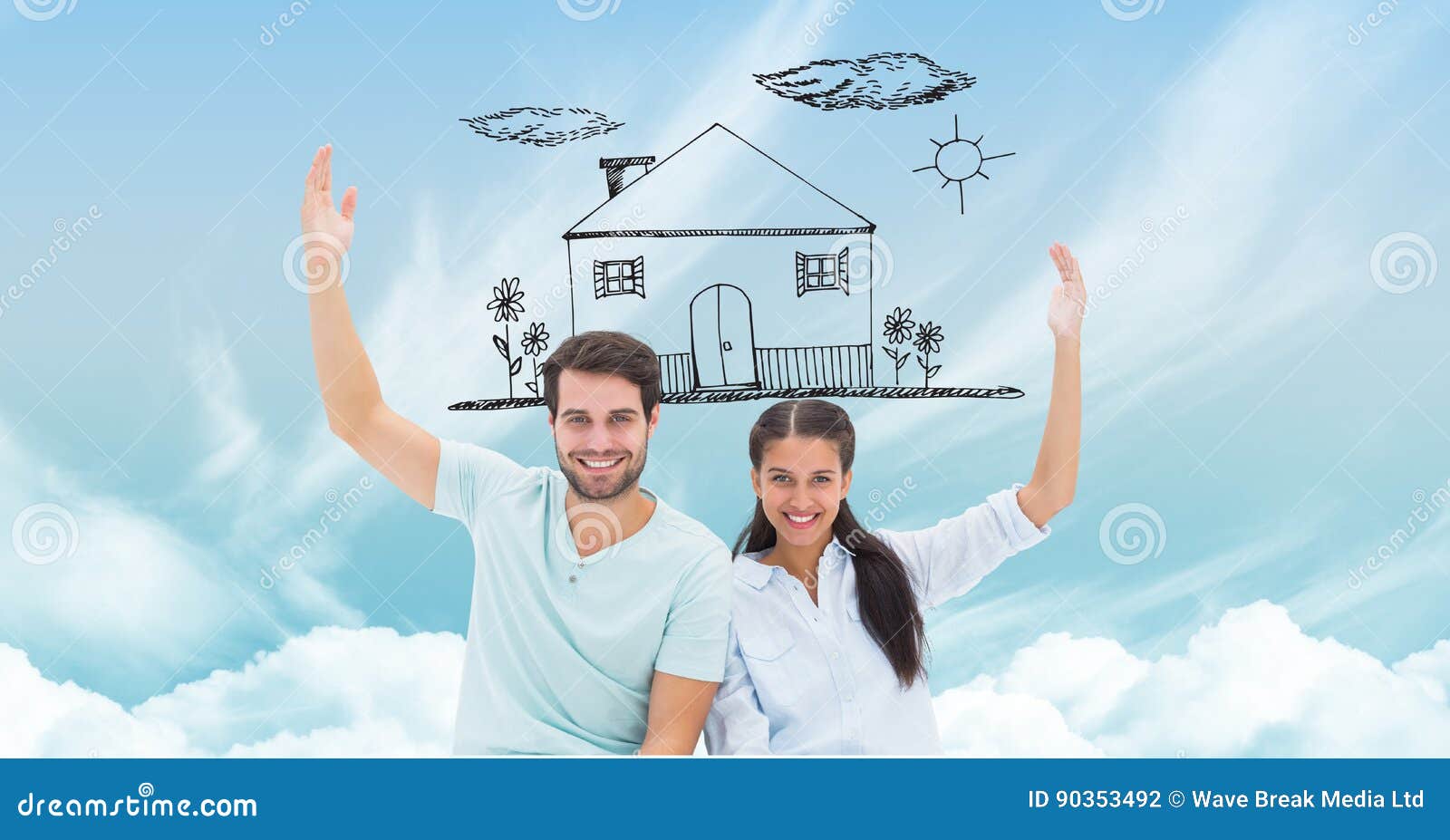 Happy Couple with Dream House in Sky Stock Photo - Image of cheerful ...