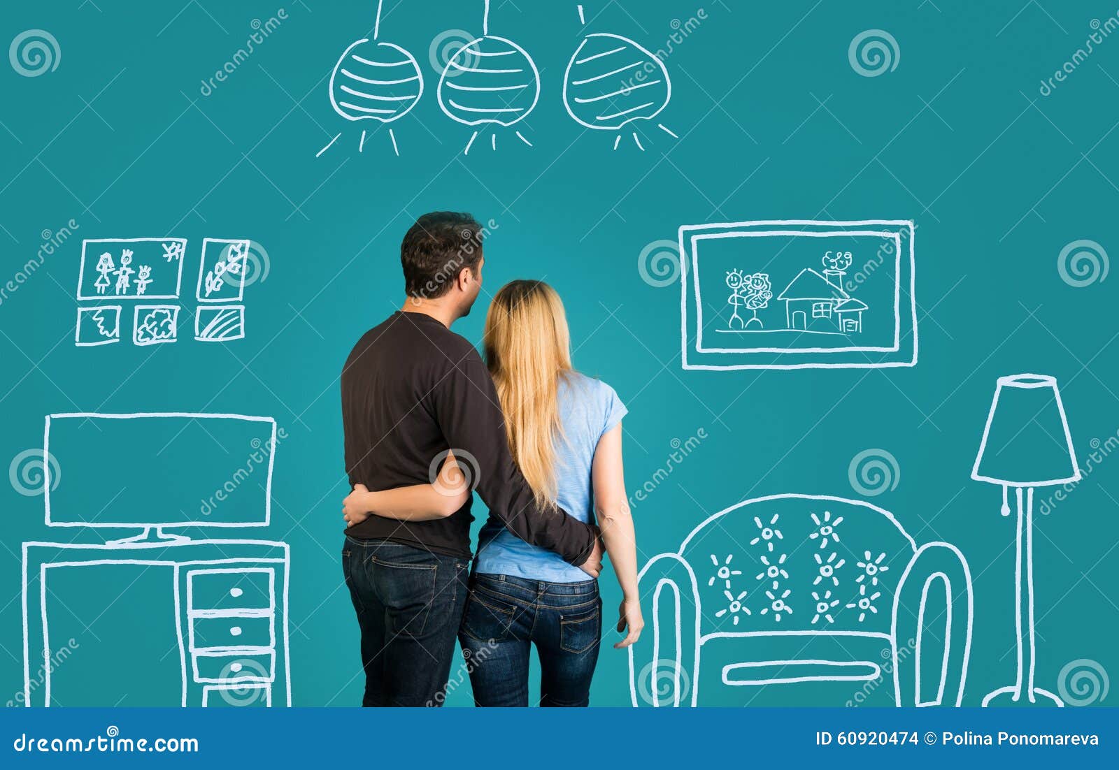 Happy Couple Dreaming Of Their New Home Or Furnishing On Blue
