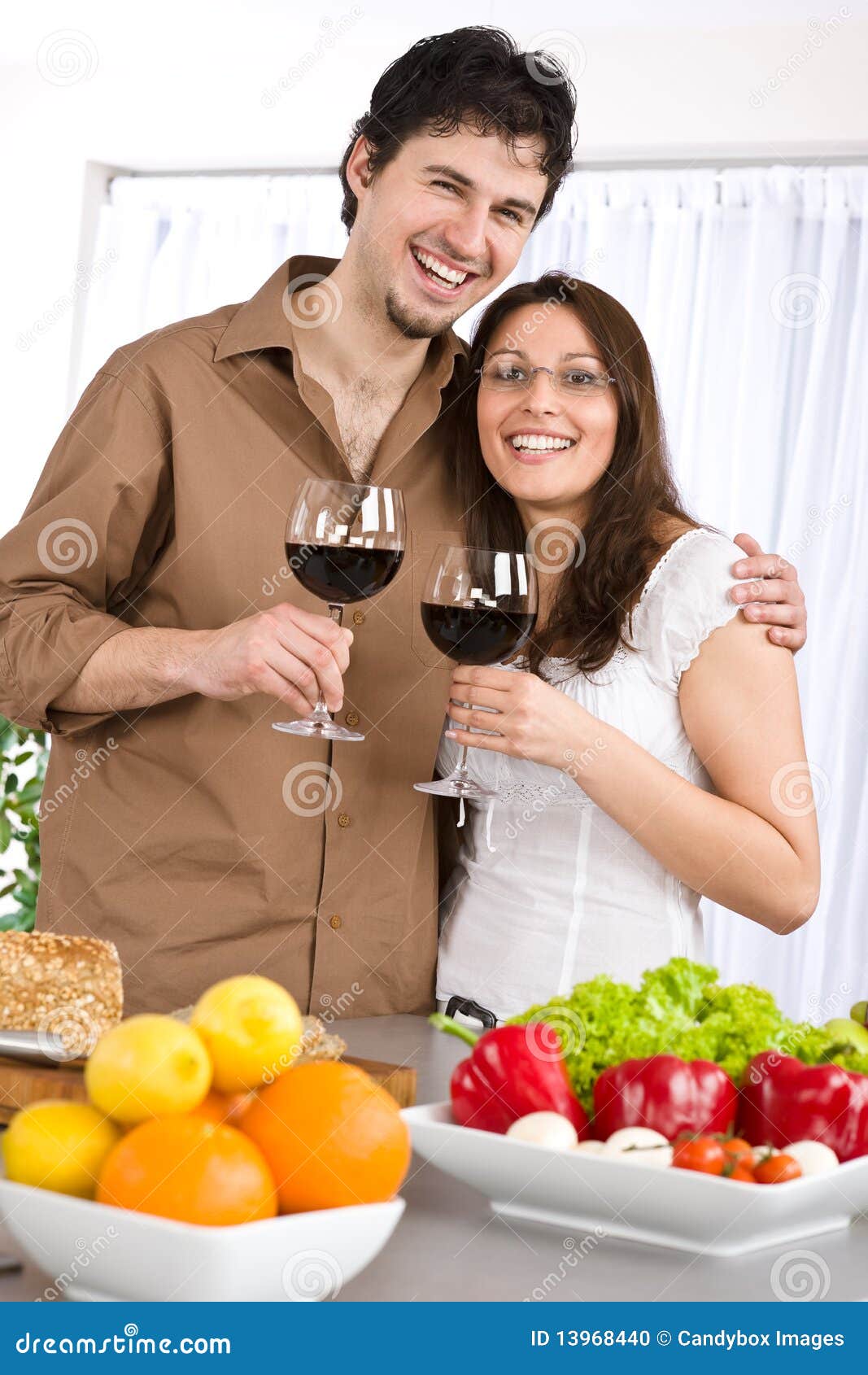 Happy Couple Drink Red Wine in Modern Kitchen Stock Photo - Image of ...