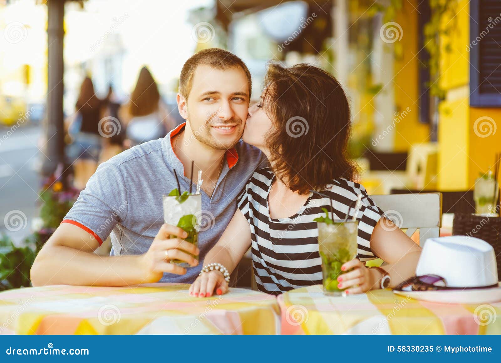 Happy Couple Drinking Lemonade or Mojito in an Stock Image - Image of ...