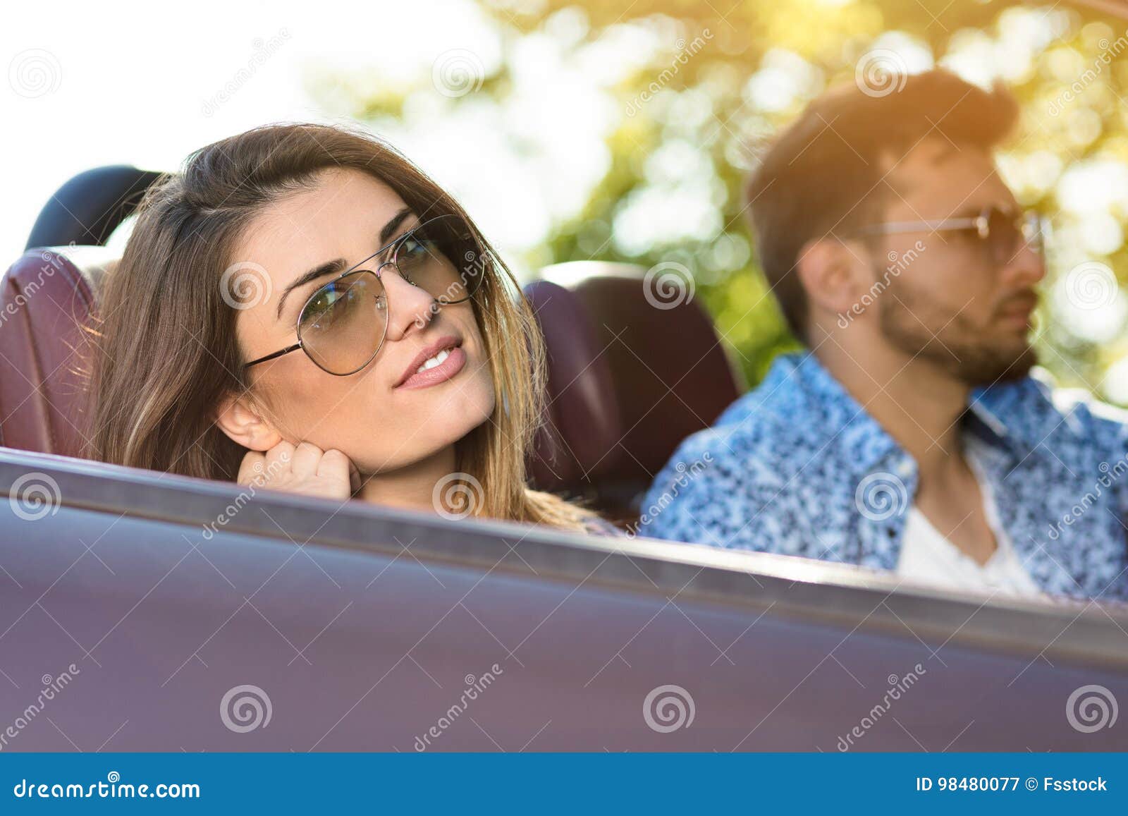 Happy Couple Driving in Convertible Car Over Sunset Stock Image - Image ...