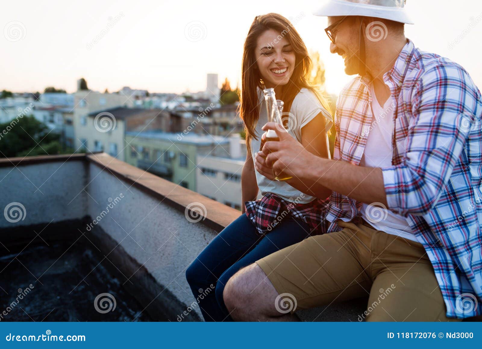 Happy Couple Enjoying Drinks and Balcony Stock Photo - Image of love ...