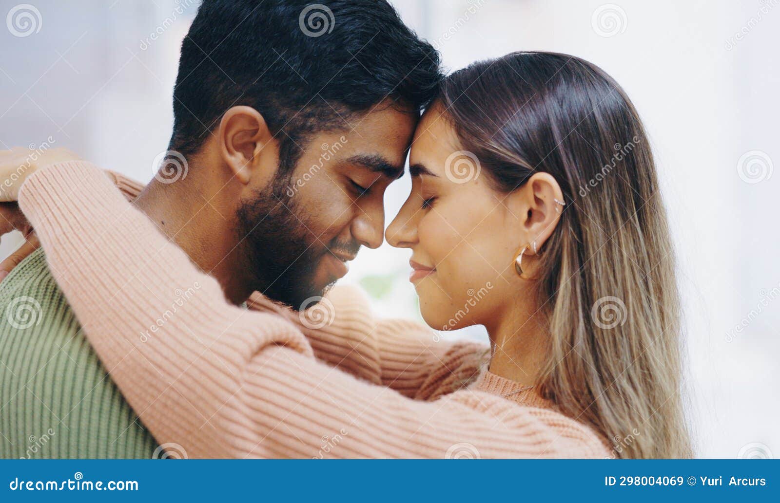 Happy Couple Forehead And Hug In Home For Love Support And Relax For