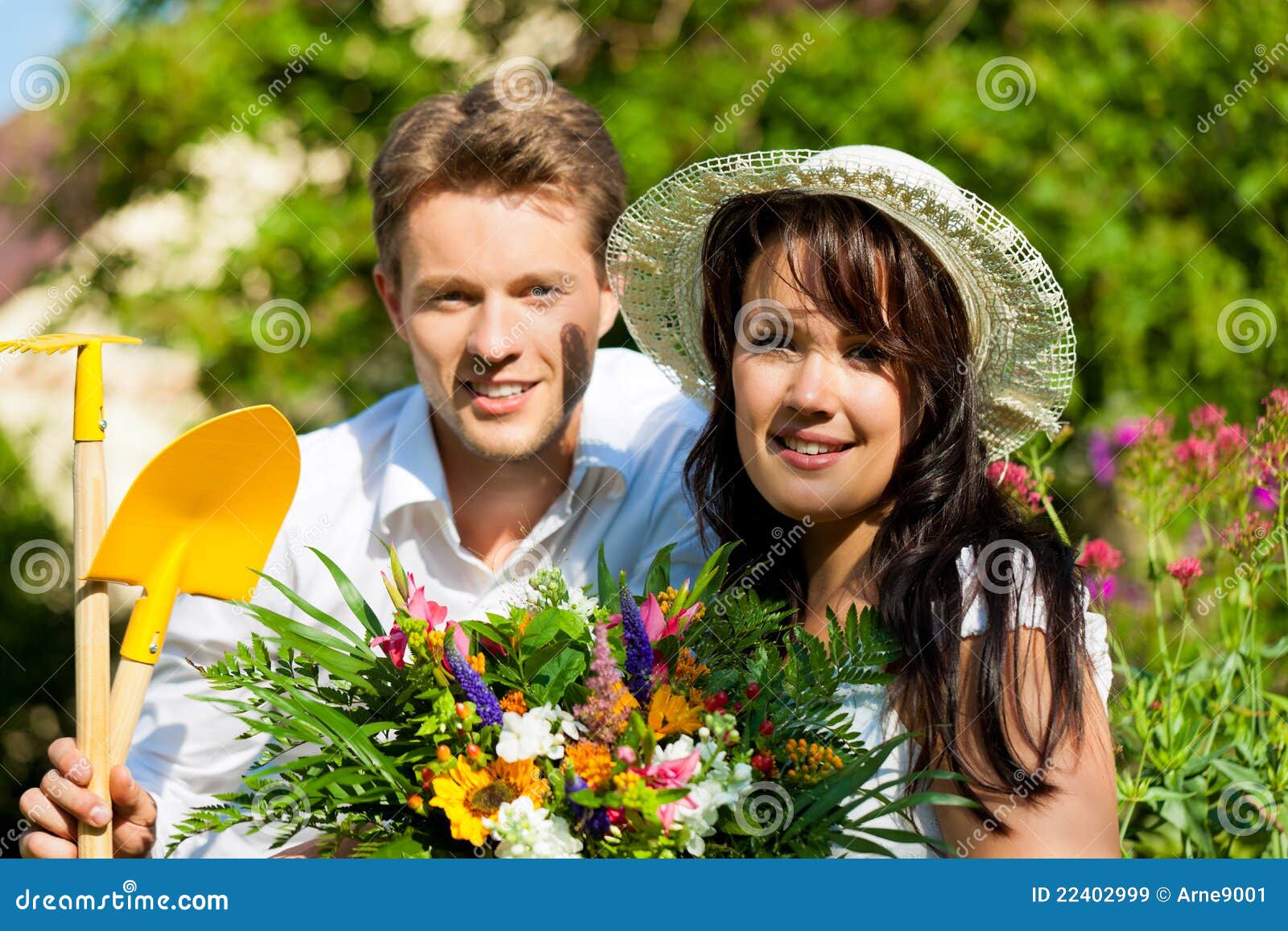 Happy Couple Gardening in Summer Stock Image - Image of flowers ...