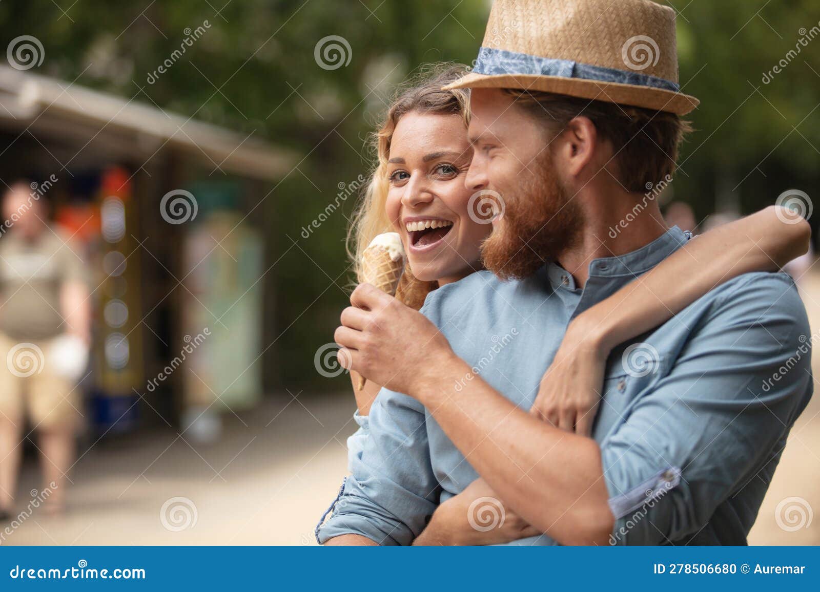 Happy Couple Having Date and Eating Ice Cream Stock Photo - Image of ...