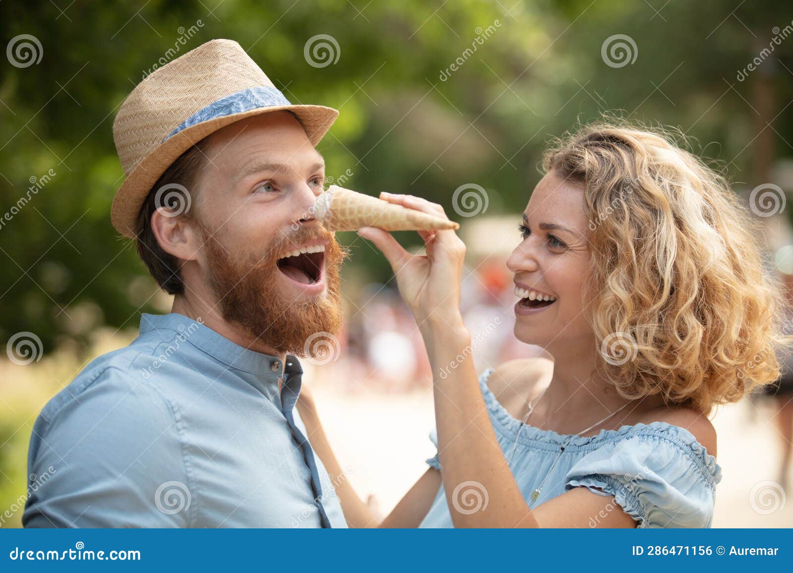 Happy Couple Having Date and Eating Ice Cream Stock Photo - Image of ...