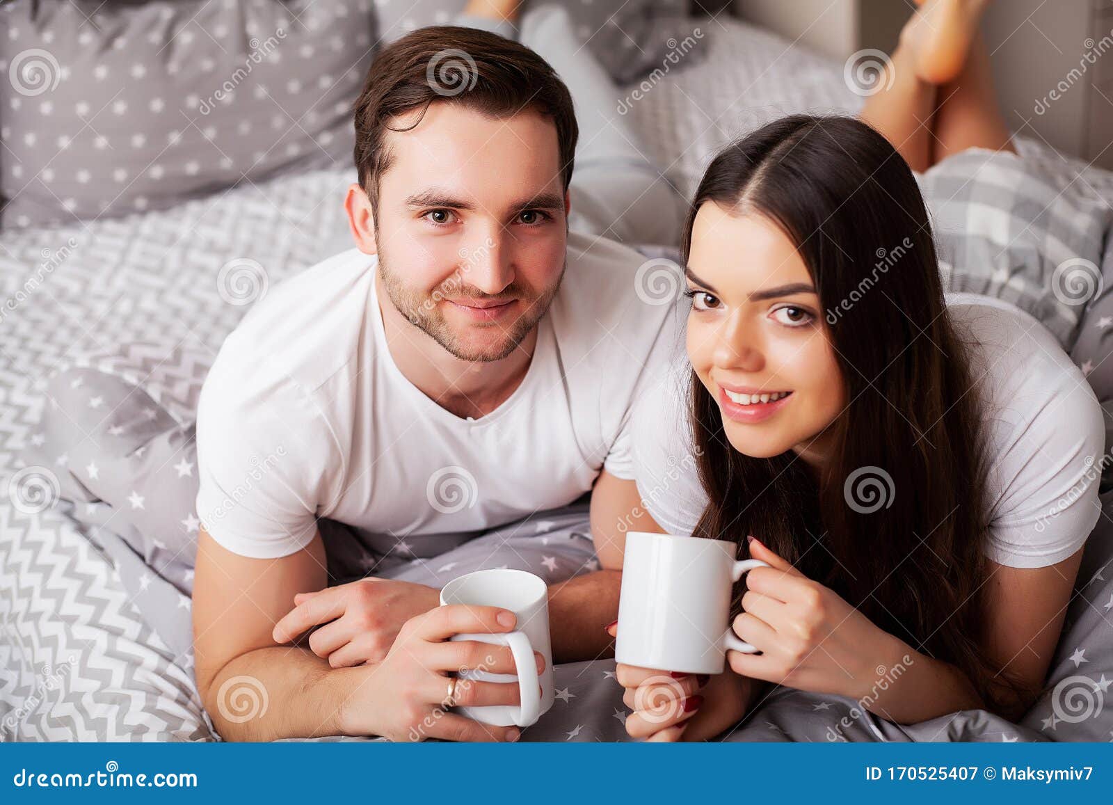 Happy Couple Having Fun In Bed Intimate Sensual Young Couple In