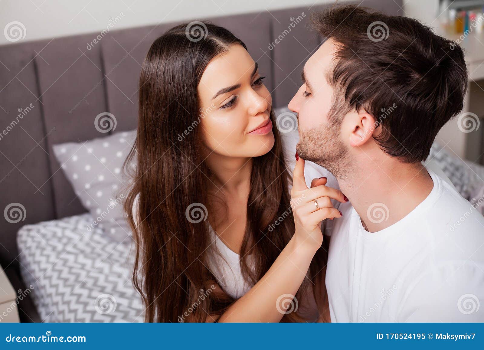 Happy Couple Having Fun In Bed Intimate Sensual Young Couple In