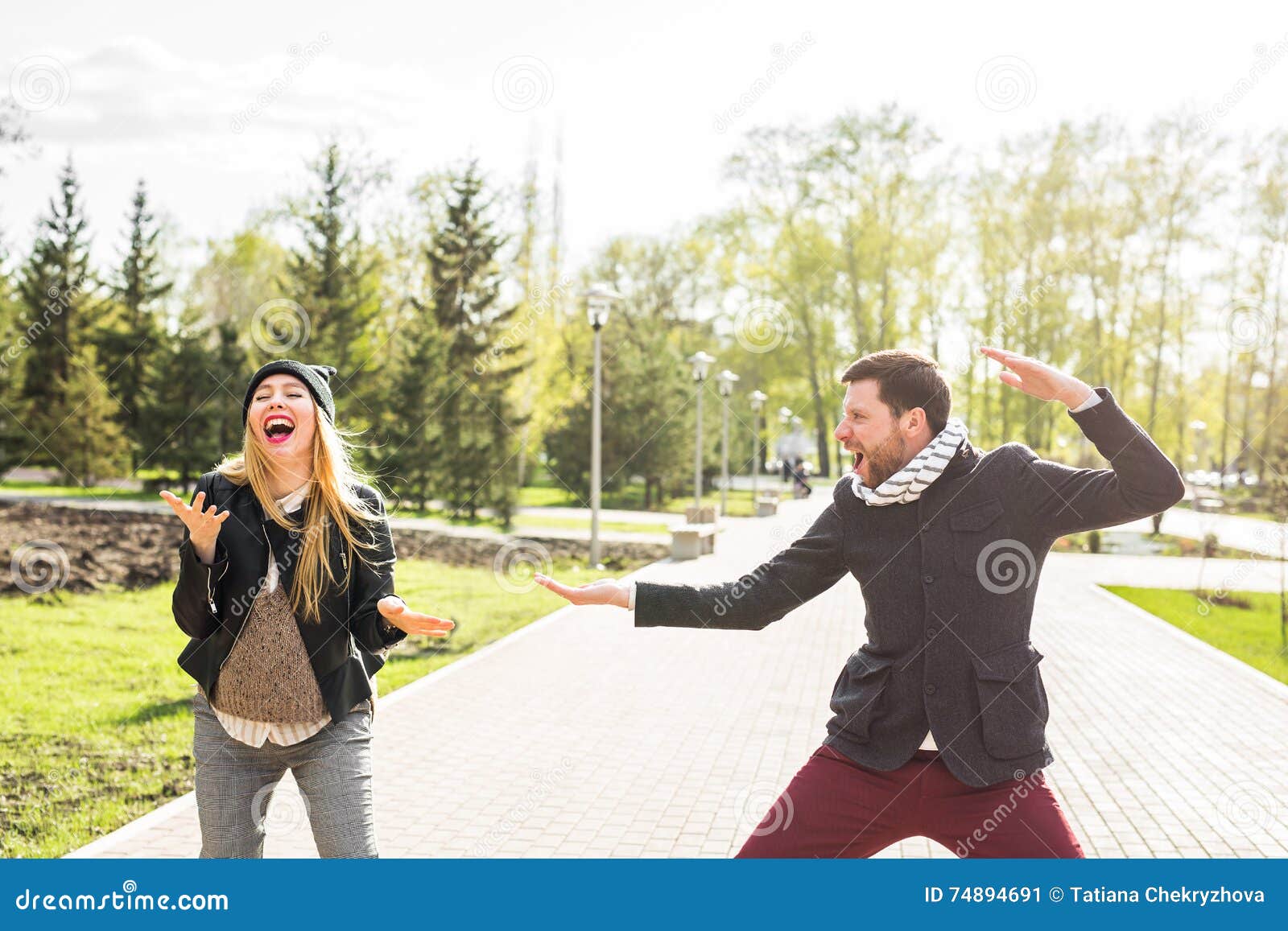 Happy Couple Having Fun And Fooling Around Joyful Man With Woman Have