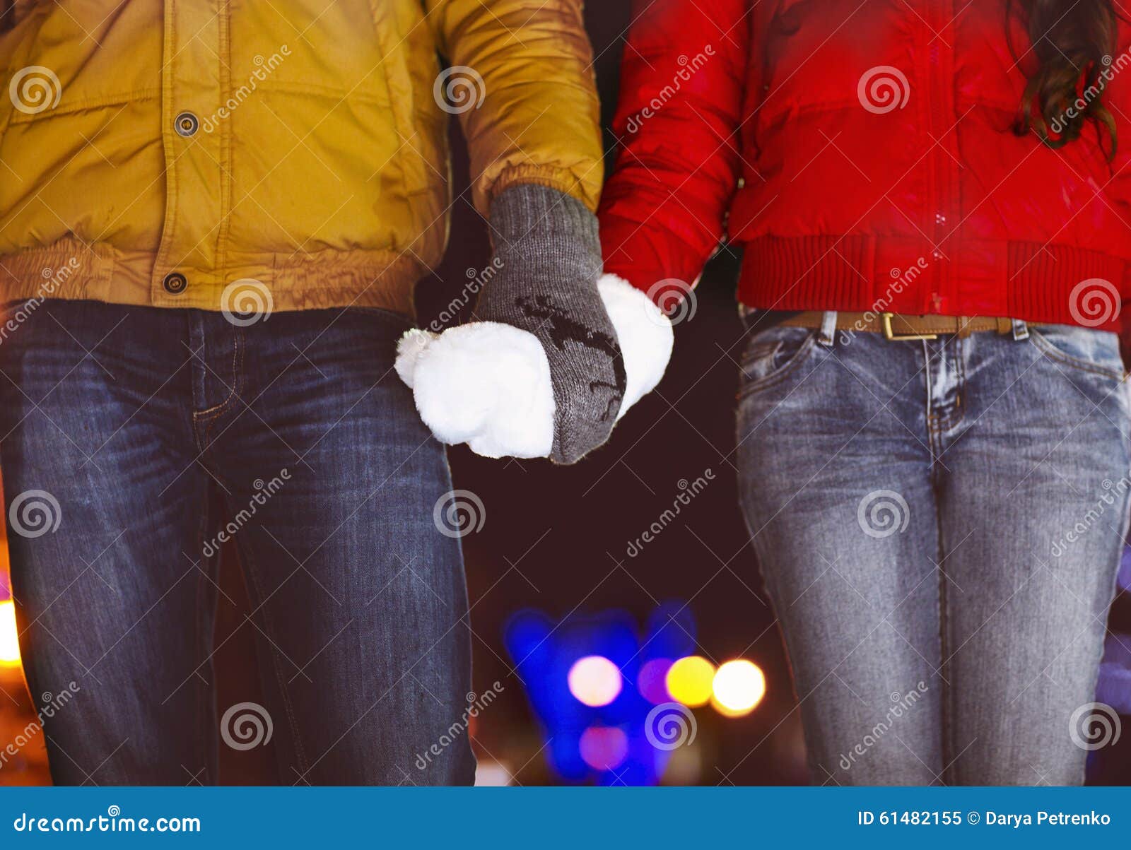 Happy Couple Holding Hands in Knitted Mittens Stock Image - Image of ...