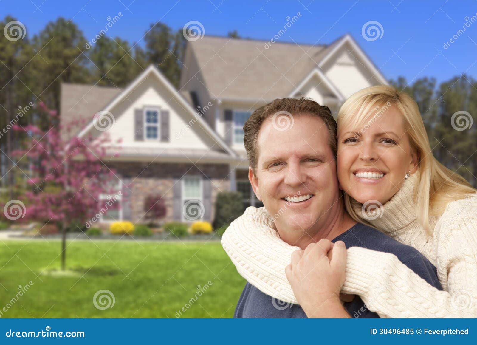 Happy Couple Hugging in Front of House Stock Image - Image of outside ...