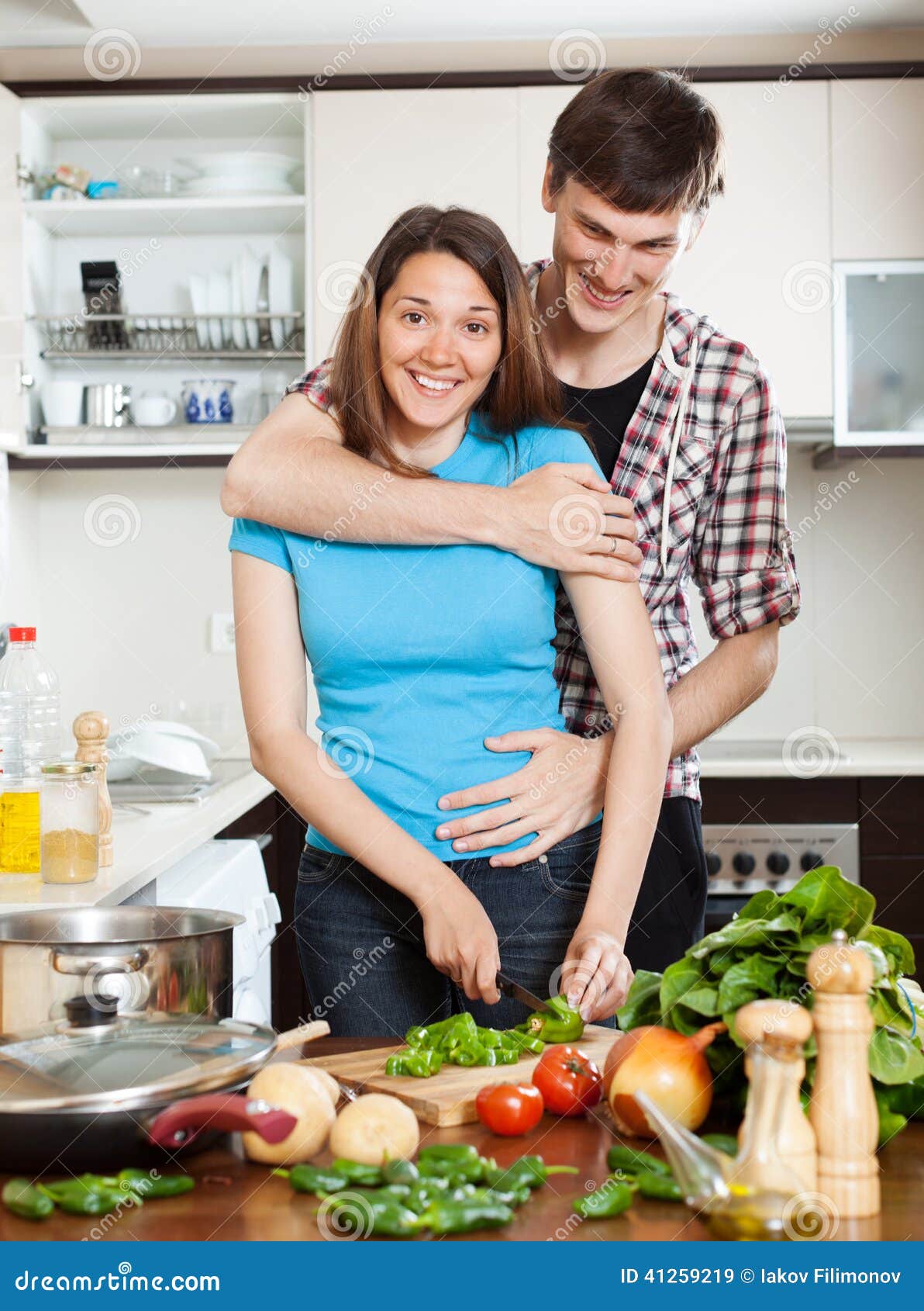 Happy Couple Hugging in the Kitchen Stock Image - Image of prelude ...