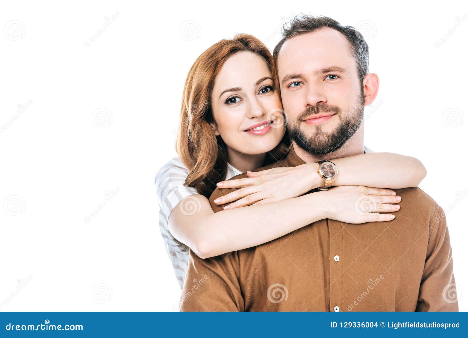 Happy Couple Hugging and Smiling at Camera Stock Photo - Image of ...