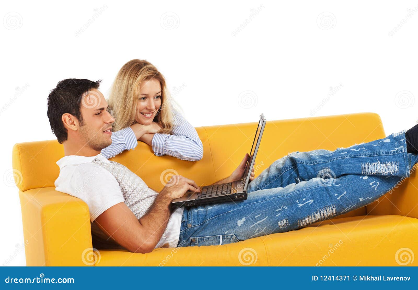 Happy Couple with Laptop Computer Stock Image - Image of couple ...